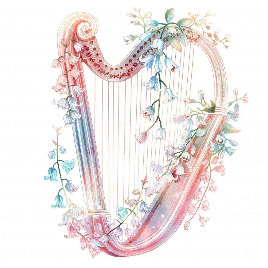 12 Watercolor Floral Harp Clipart Bundle Magic Lyre Printable High ...