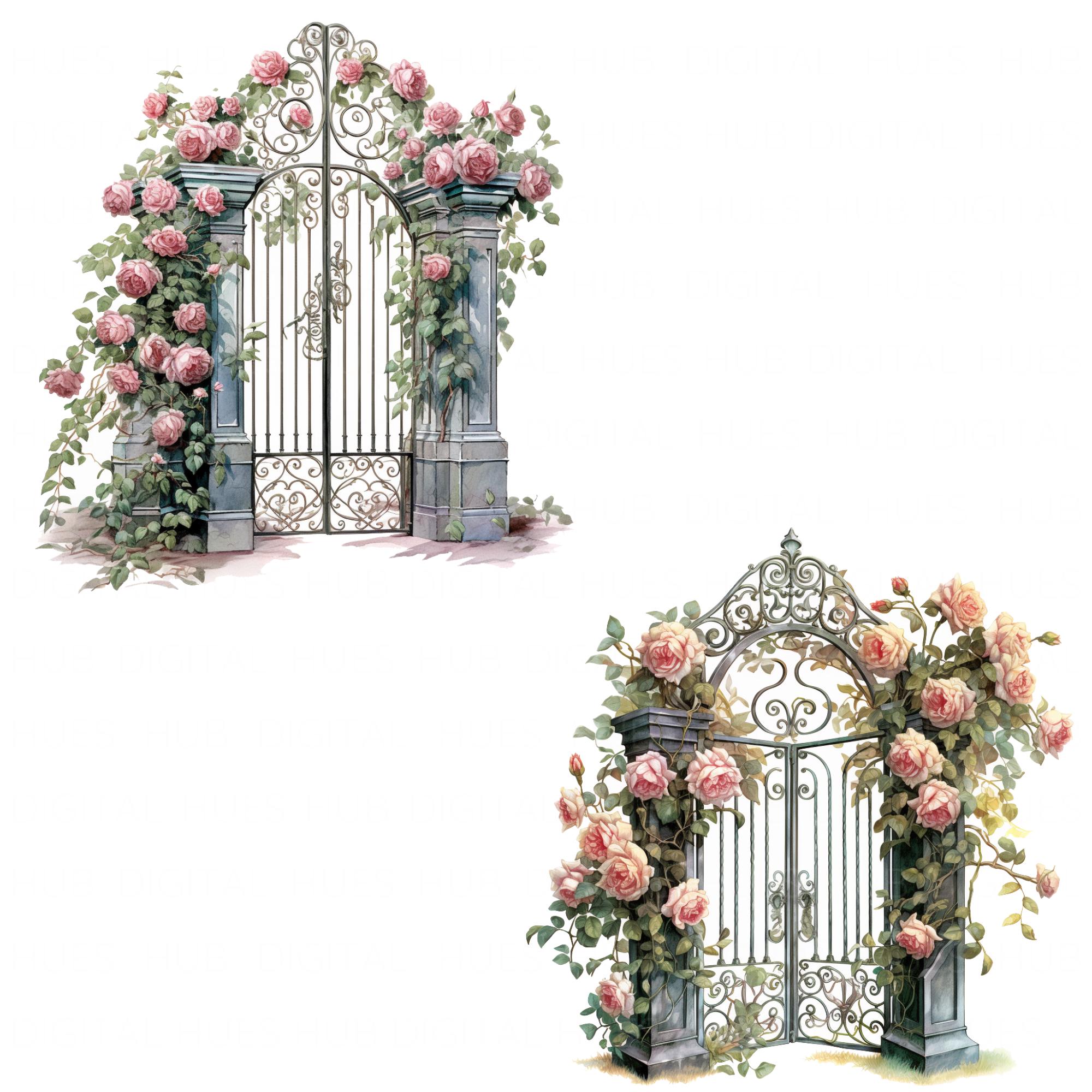 16 Rose Flowers Iron Gate Clipart Watercolor Floral Rustic Summer ...