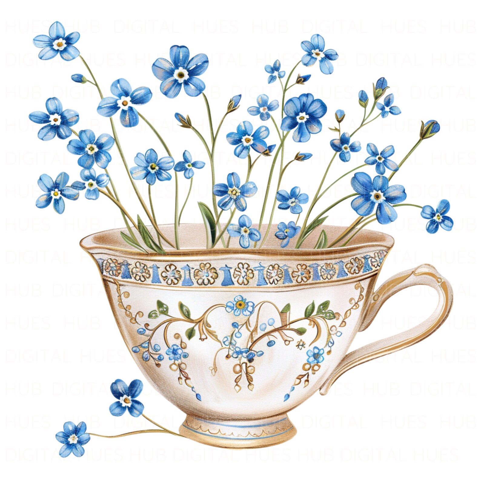 14 Forget Me Not Teacup Clipart Bundle Watercolor Boho Floral Teacup ...