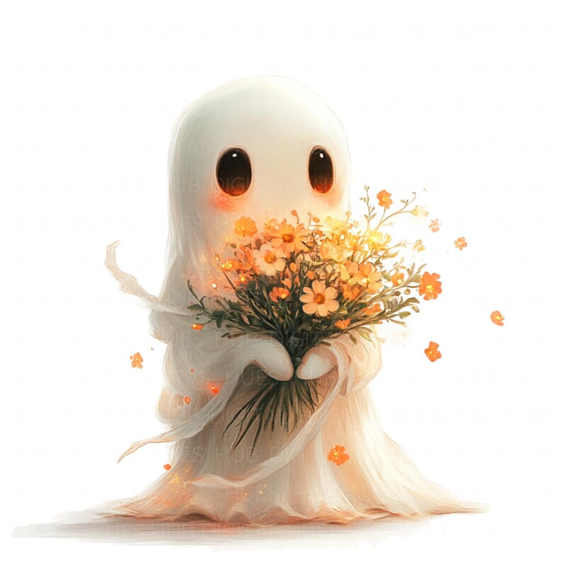 11 Cute Ghost With Flower Bouquet Clipart Watercolor Kawaii Ghost High ...