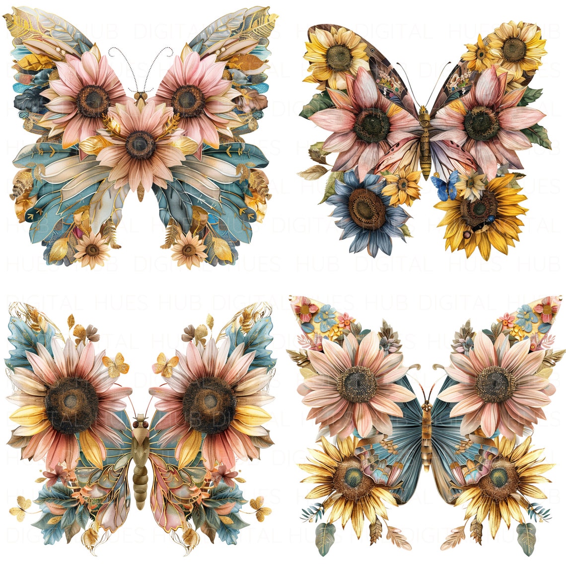 10 Sunflower Butterfly Wings Clipart Bundle Watercolor Floral Butterfly ...