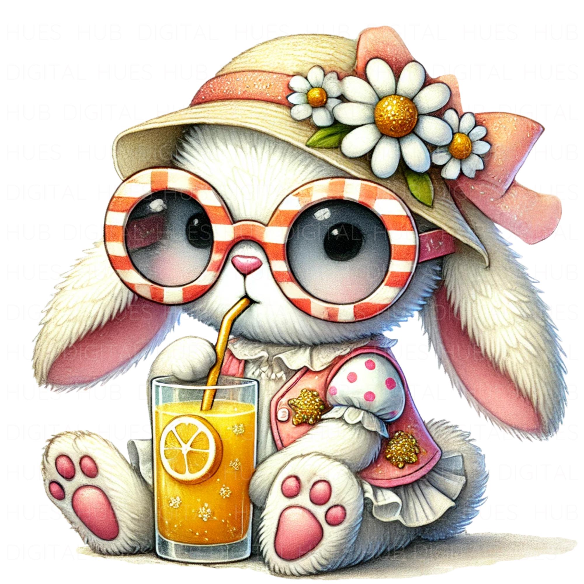 12 Cute Baby Bunny in Summer Clipart Watercolor Cartoon Bunny Nursery ...