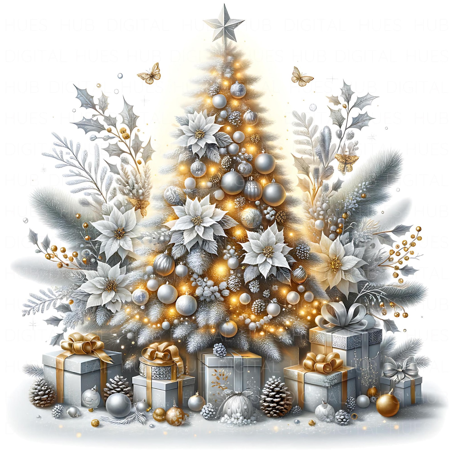 10 White Christmas Tree Clipart: Watercolor Holiday Tree With Ornaments ...