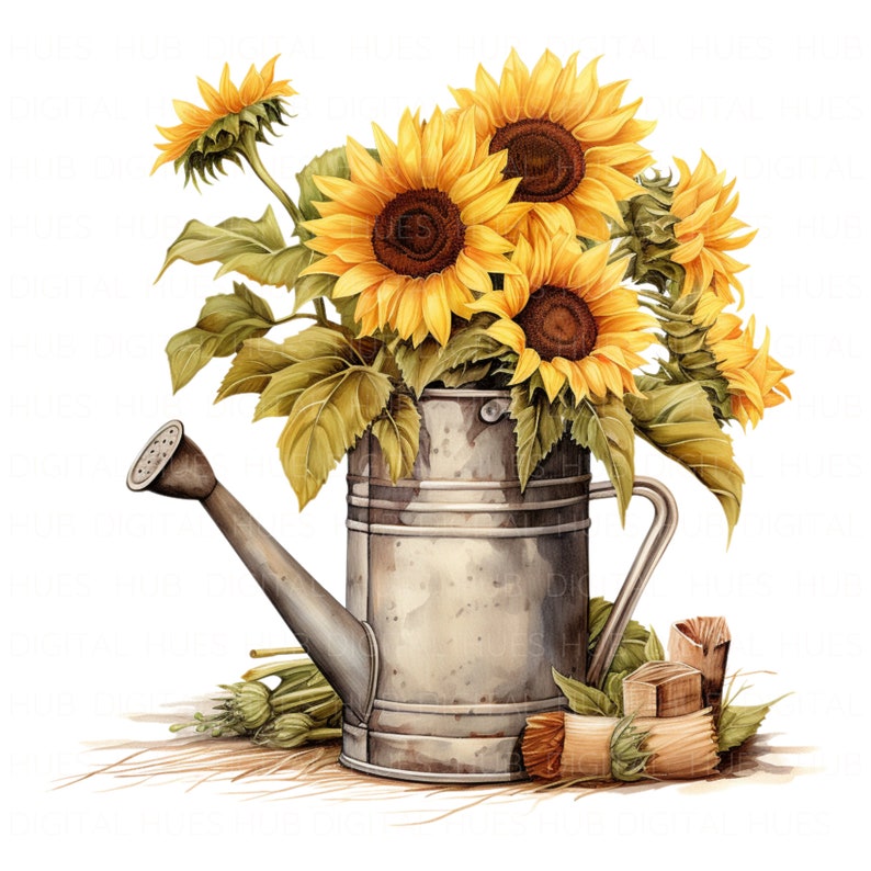 10 Rustic Sunflower Watering Can Clipart Bundle Watercolor Floral Water ...