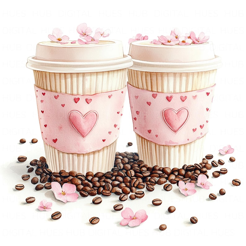 10 Pink Valentine Coffee Cups Clipart Watercolor Coffee Lover Printable ...