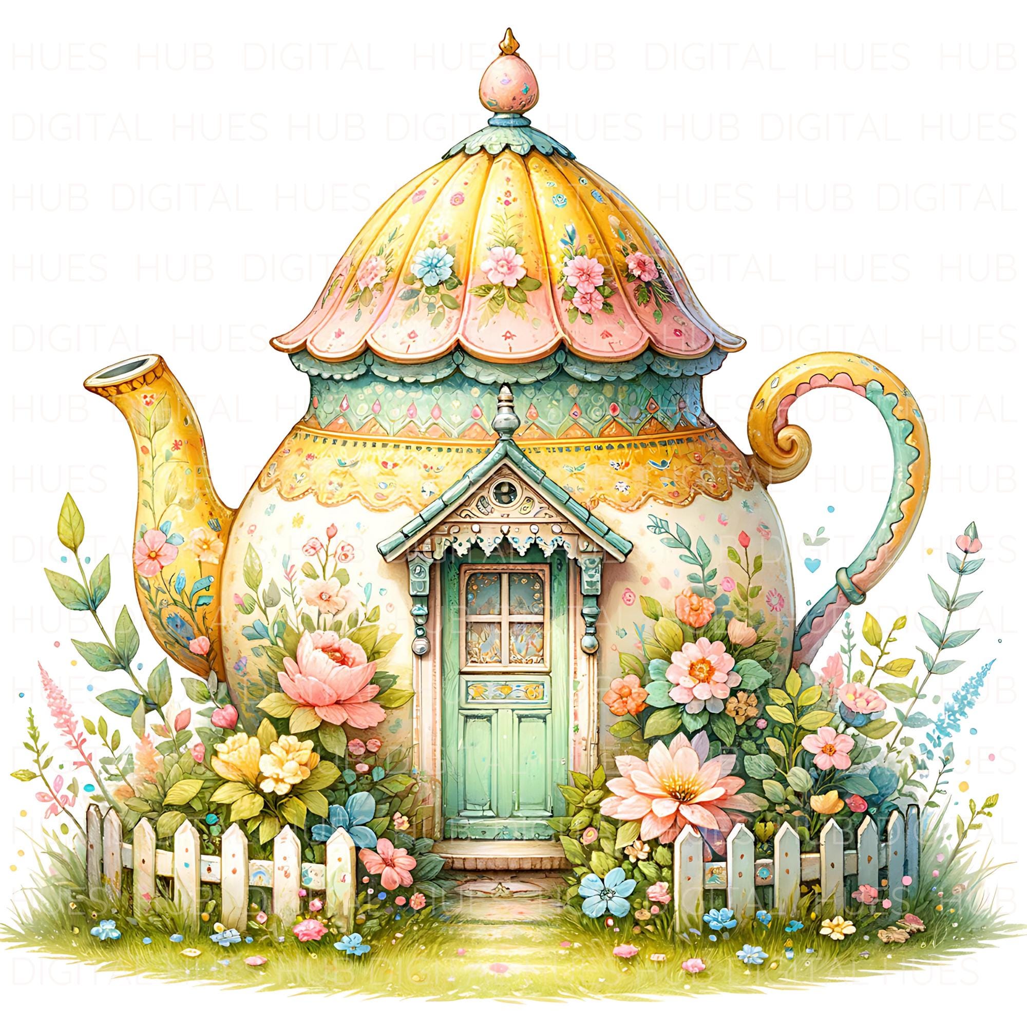 10 Fantasy Fairy Teapot House Clipart Watercolor Magical Teacup House ...