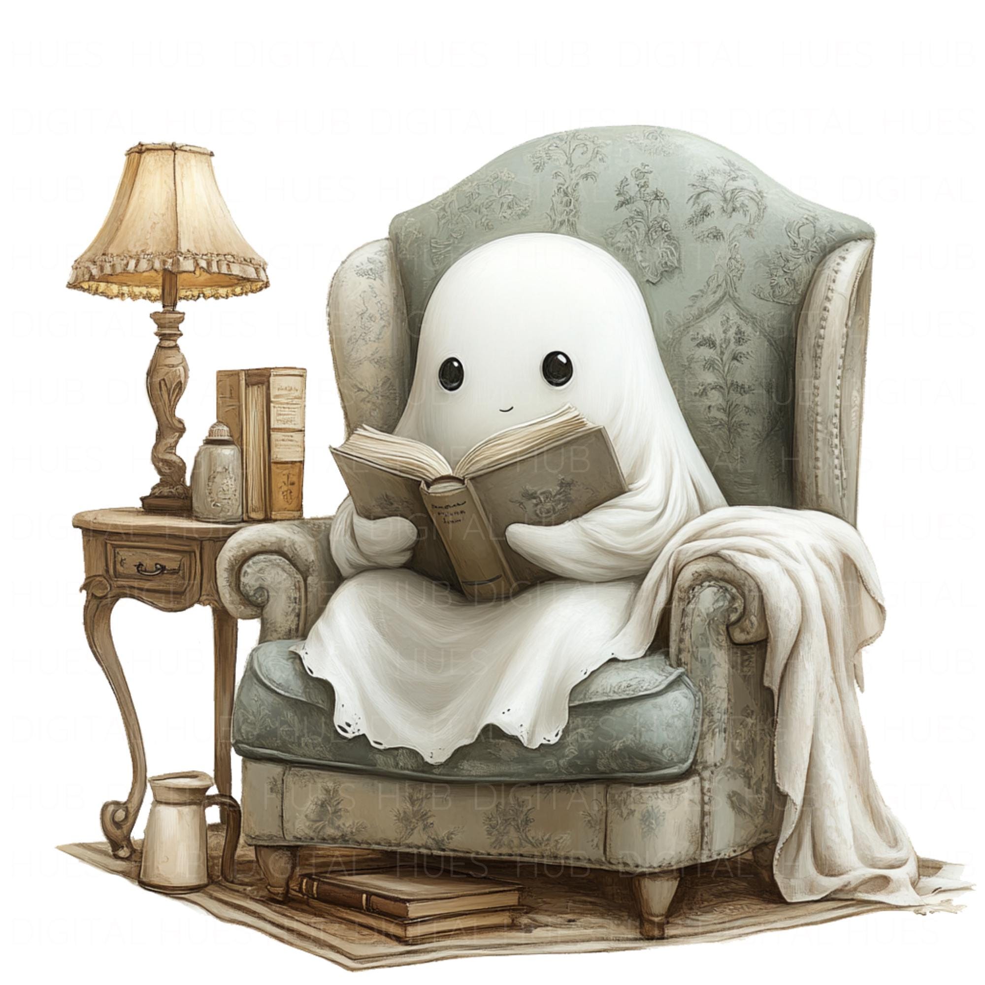 13 Cute Ghost Reading Book in Armchair Clipart Watercolor Kawaii Ghost ...