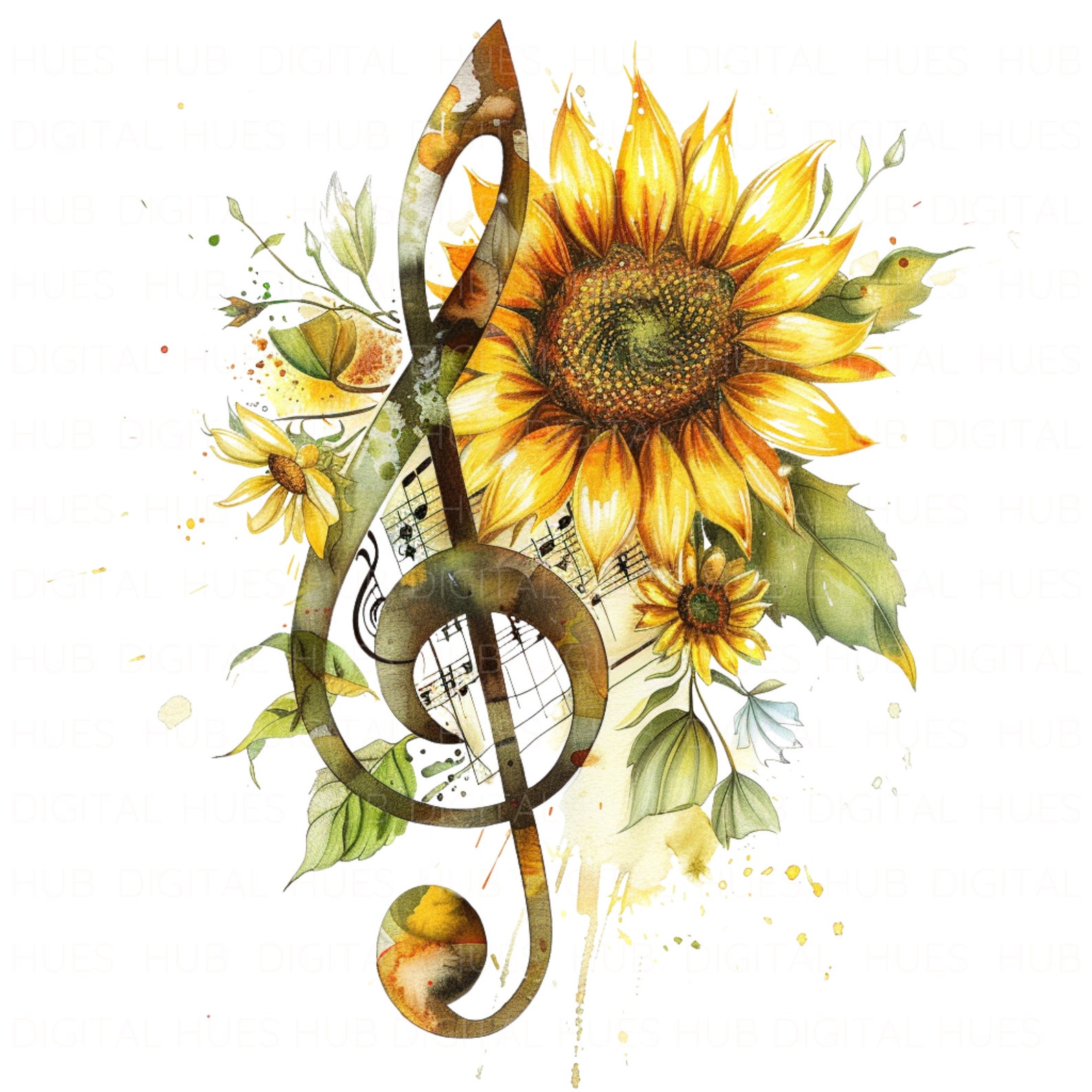 12 Sunflower Music Note Art Clipart Bundle Watercolor Floral Music Note ...