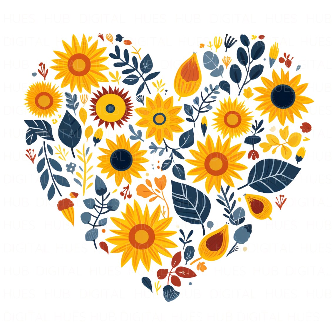 13 Sunflower Heart Clipart Bundle Watercolor Floral Heart Printable ...