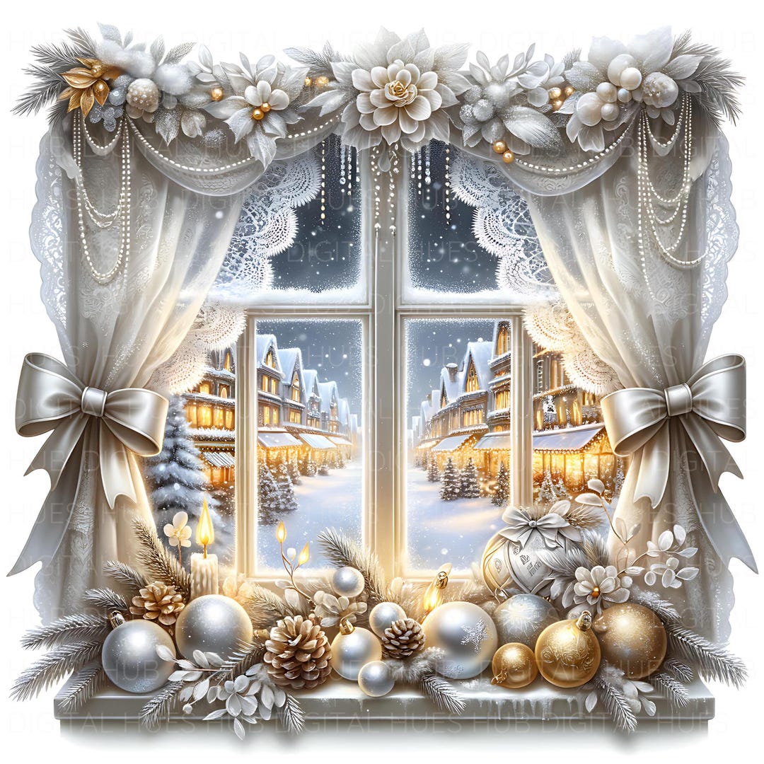 10 Christmas Window Scene Clipart: Watercolor Cozy Winter Village JPEG ...