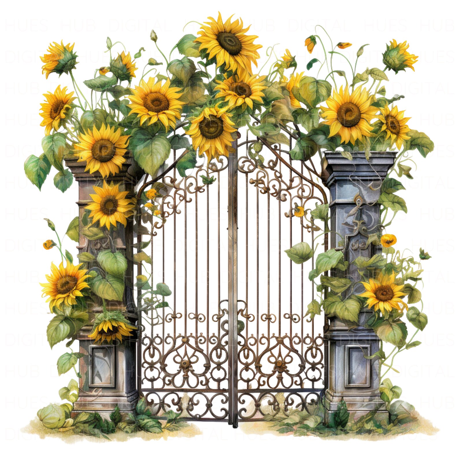 17 Sunflower Iron Gate Clipart Bundle Watercolor Floral Rustic Garden ...