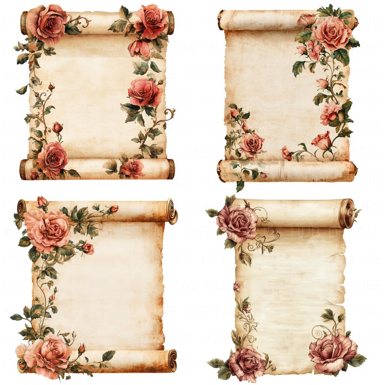 16 Vintage Floral Scroll Clipart Watercolor Antique Floral Old Paper ...