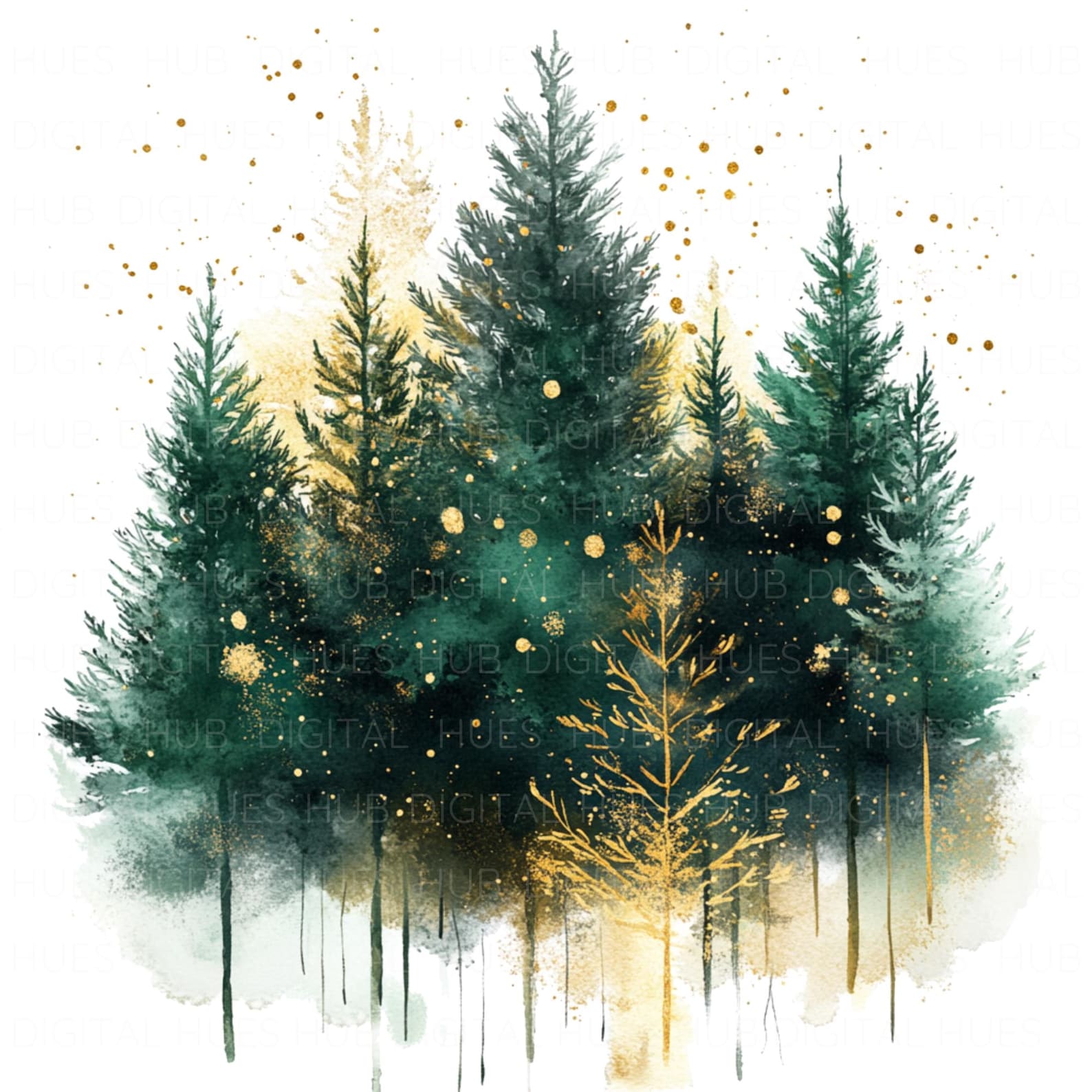 11 Pine Tree Clipart: Watercolor Green & Gold Christmas Tree JPEG ...