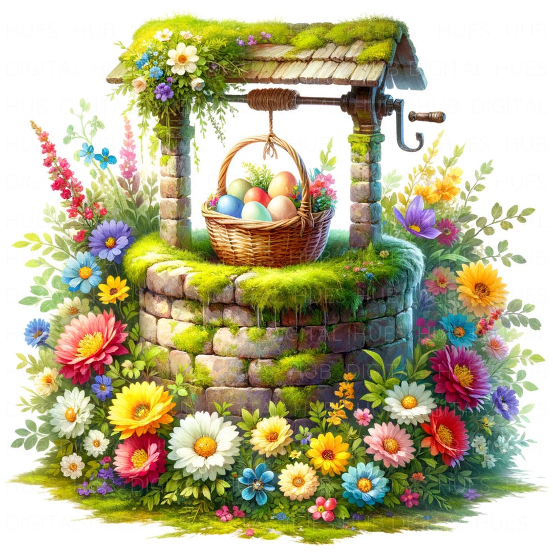 11 Easter Spring Well Clipart Watercolor Floral Garden Well Art ...