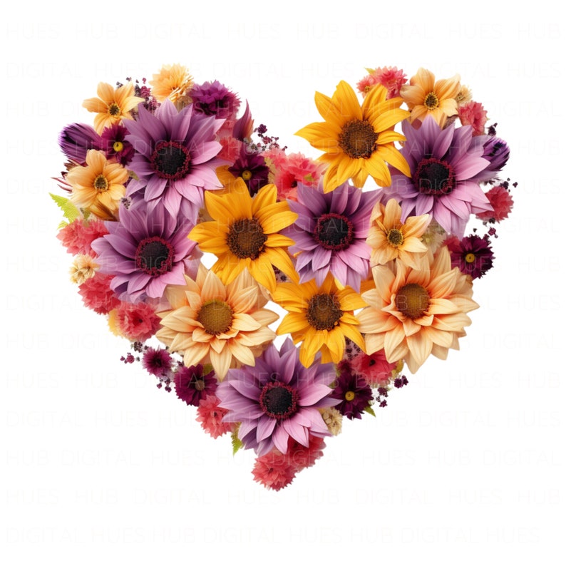 10 Sunflower Floral Heart Clipart Bundle Watercolor Flower Heart ...