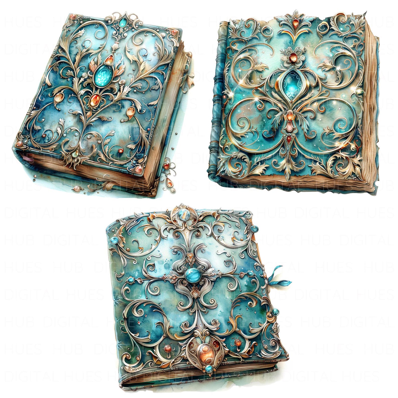 14 Green Magic Book Clipart Watercolor Old Book Pile Fantasy Clipart ...