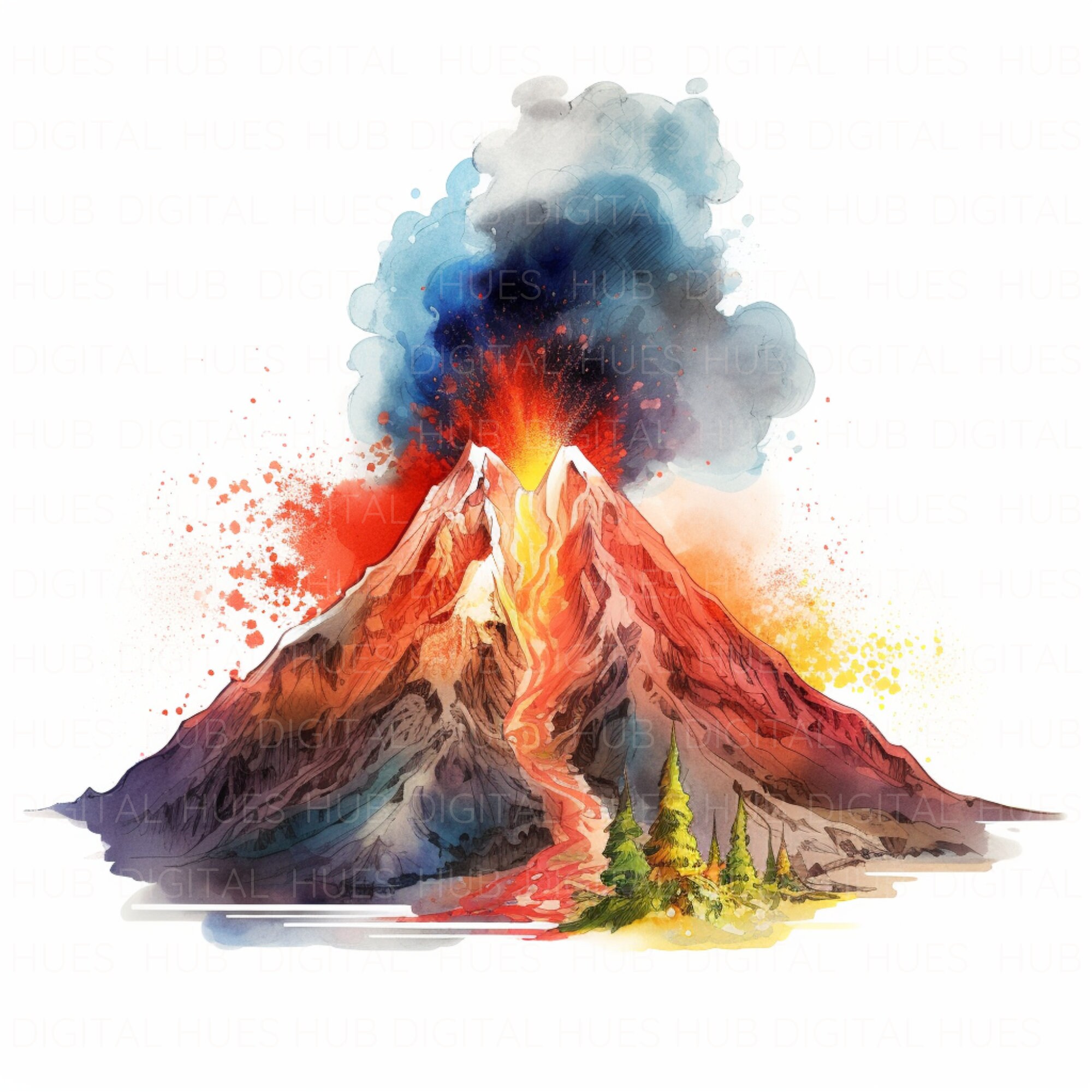 18 Volcano Clipart Bundle Set 1 Watercolor Erupting Volcano Clipart ...