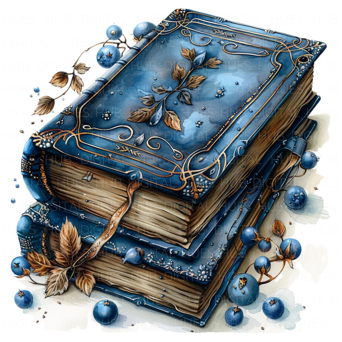 10 Blue Magic Book Clipart Watercolor Old Book Pile Fantasy Clipart ...