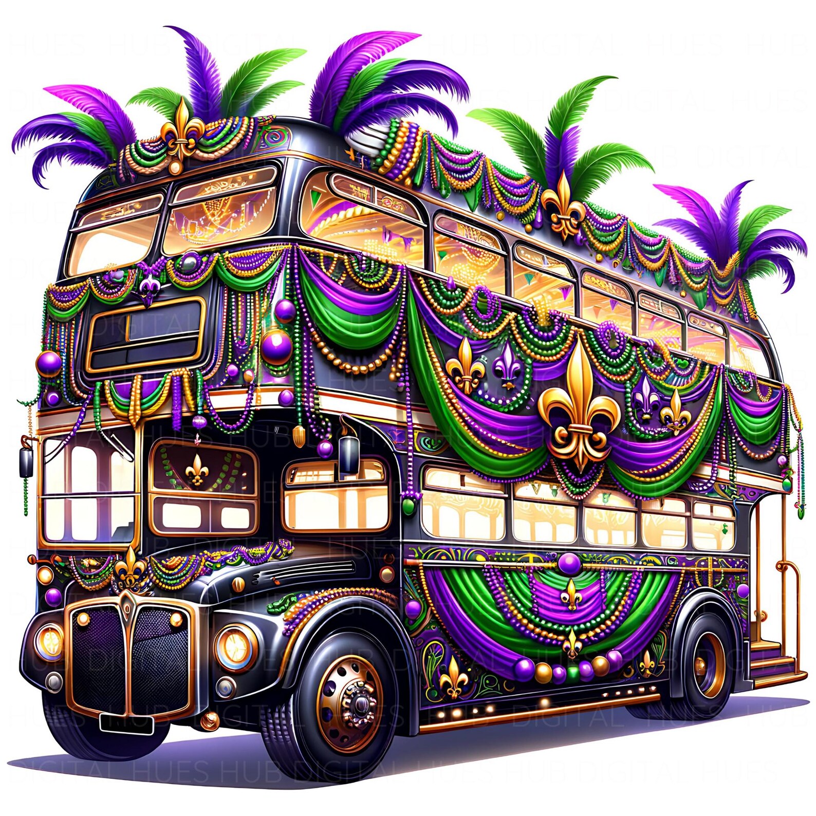 12 Mardi Gras Bus Clipart: Watercolor Purple Green Gold Carnival JPEG ...