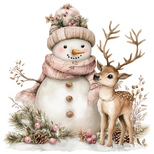 13 Snowman With Reindeer Clipart Watercolor Festive Holiday Graphic ...