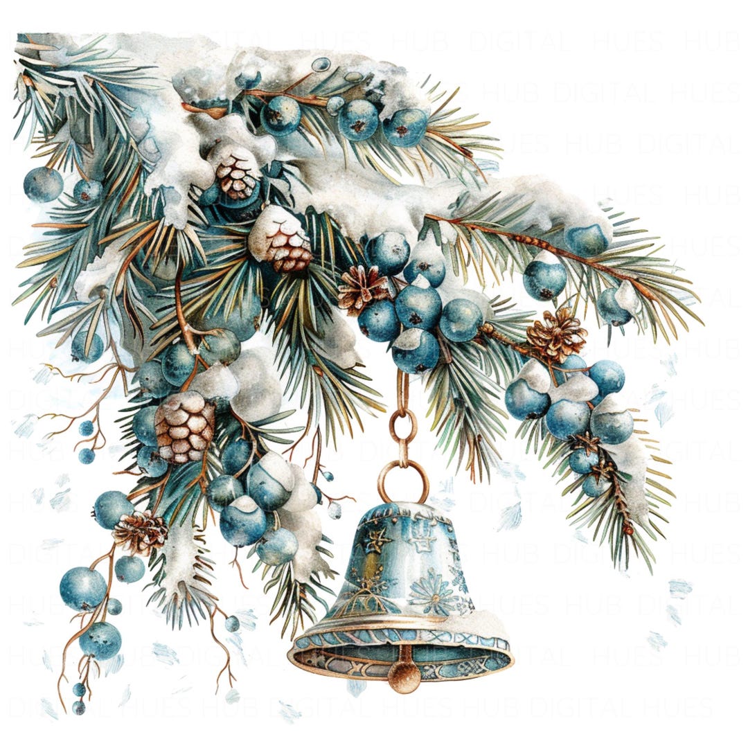 13 Christmas Bell on Snowy Branch Clipart Watercolor Festive Holiday ...