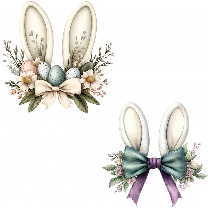 16 Bunny Ears and Flowers Clipart Watercolor Happy Coquette Easter ...
