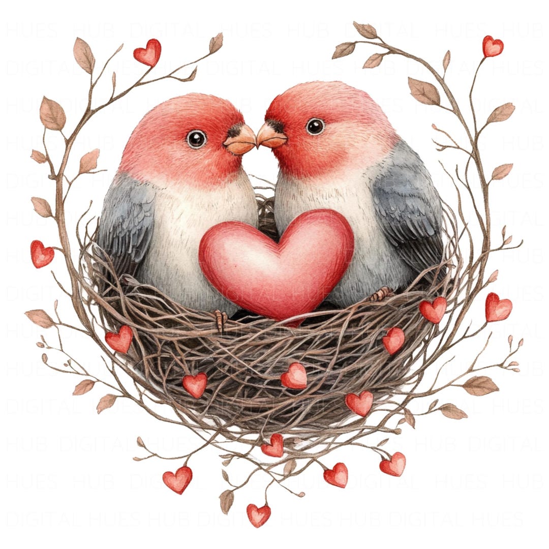 11 Romantic Bird Couple Clipart Watercolor Love Birds Nest Printable ...
