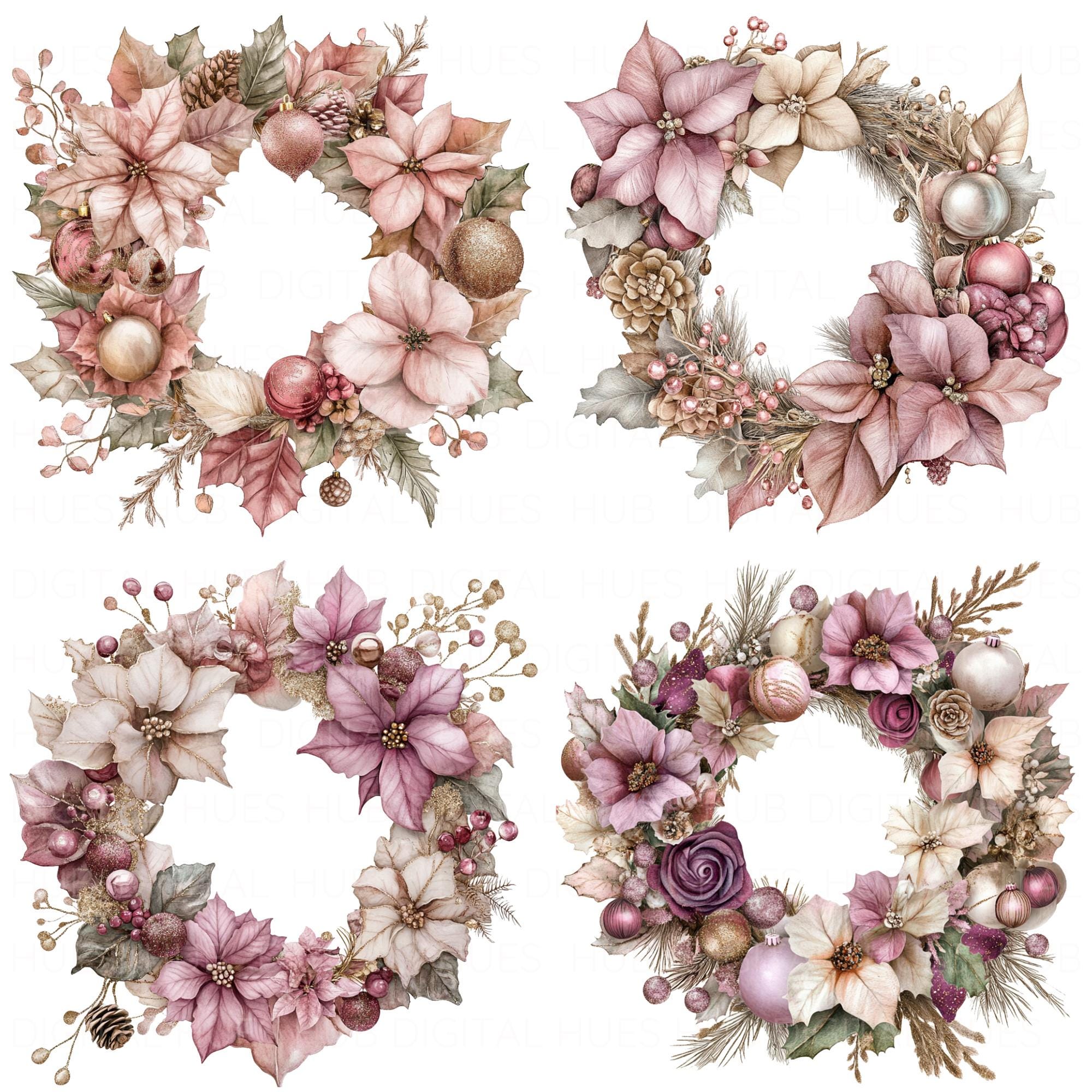 13 Chic Christmas Wreath Clipart Bundle Watercolor Winter Wreath ...