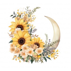 14 Sunflower Moon Clipart Watercolor Floral Moon Nursery Bedroom Art ...