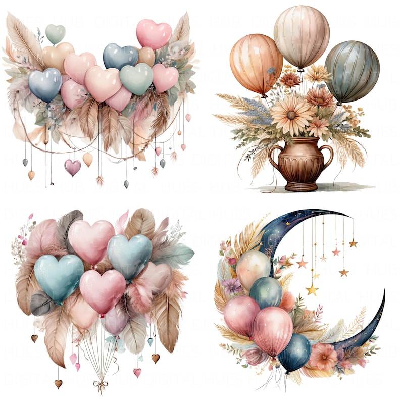20 Boho Balloon Garland Clipart Watercolor Party Balloons Birthday ...