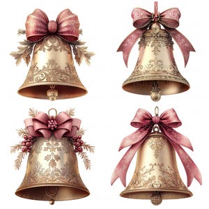 15 Pink Gold Christmas Bell Clipart Watercolor Festive Holiday ...