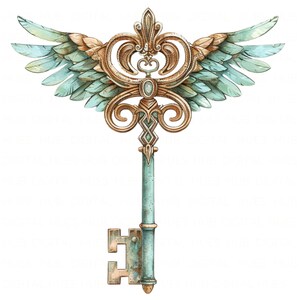 12 Magic Key With Wings Clipart Watercolor Fairy Key Fantasy Clipart ...