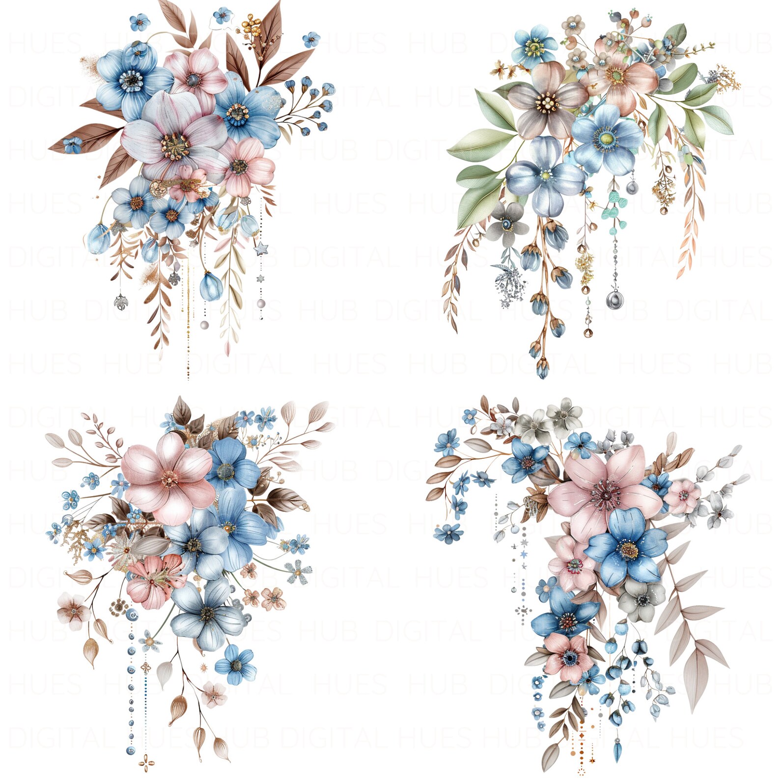 14 Boho Forget Me Not Print Clipart Bundle Watercolor Blue Flower ...