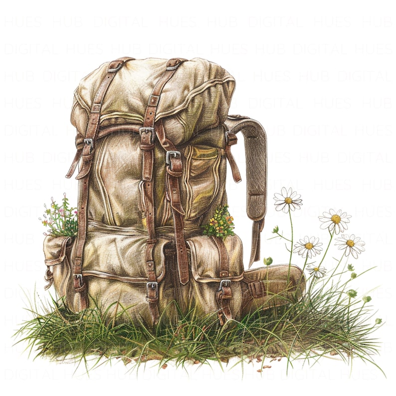 10 Trekking Backpack on Wildgrass Clipart Bundle Watercolor Backpack ...