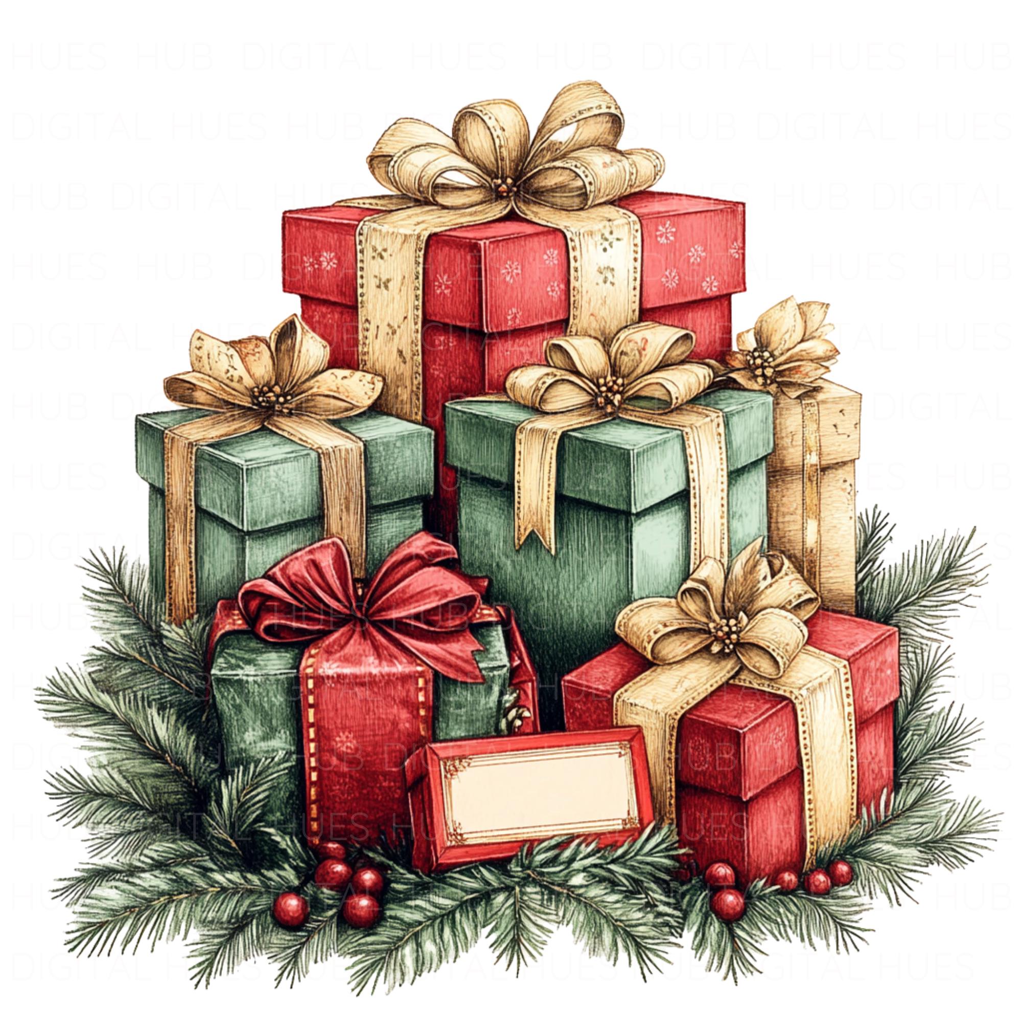 12 Christmas Gifts Clipart Watercolor Festive Holiday Wrapped Boxes ...