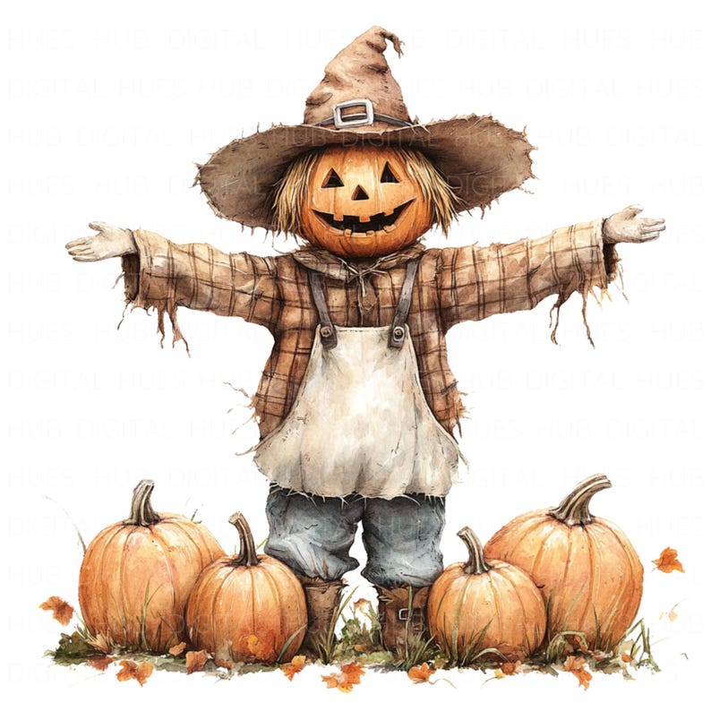 12 Scarecrow Pumpkin Patch Clipart Watercolor Halloween Autumn ...