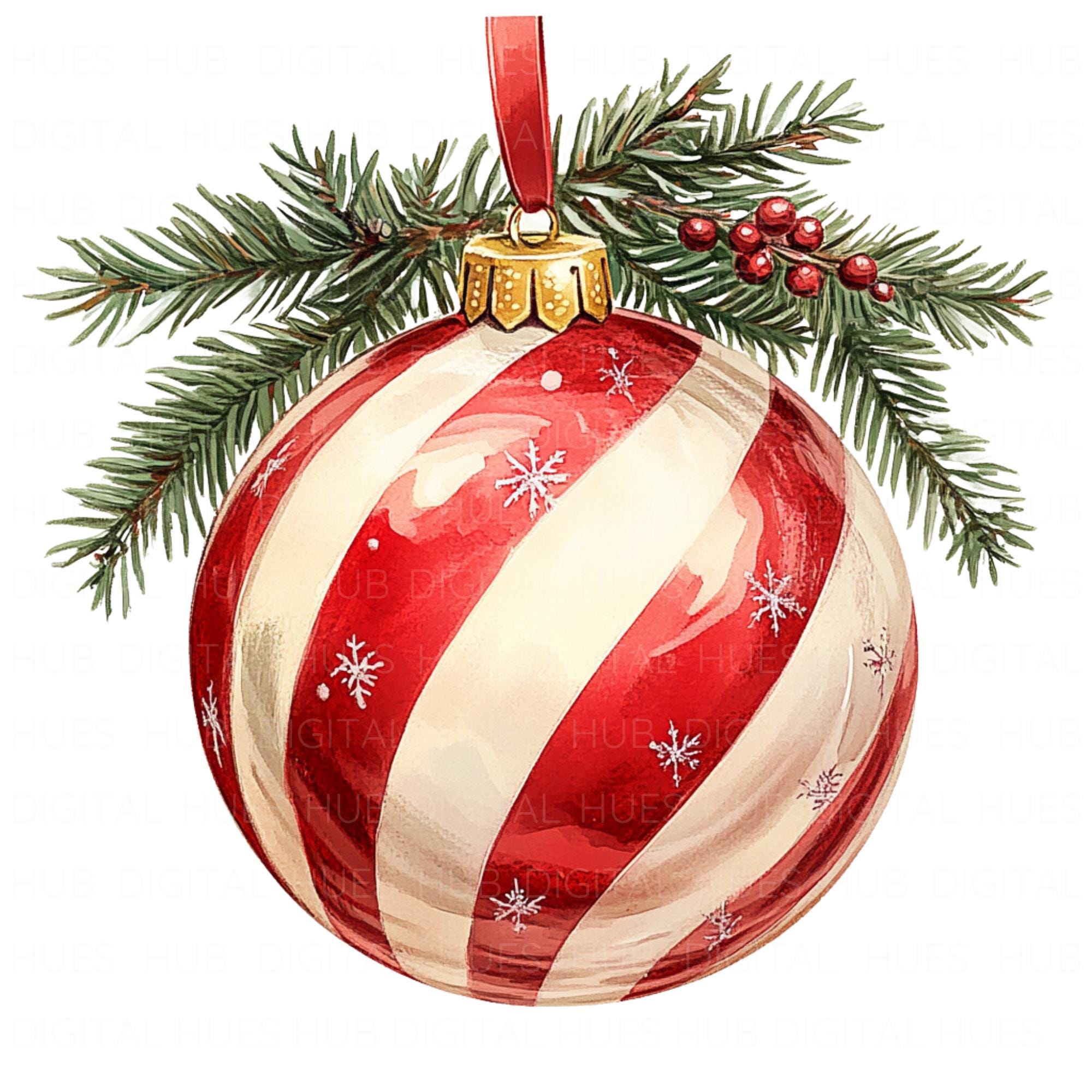 10 Red White Christmas Bauble Clipart Watercolor Festive Bauble ...