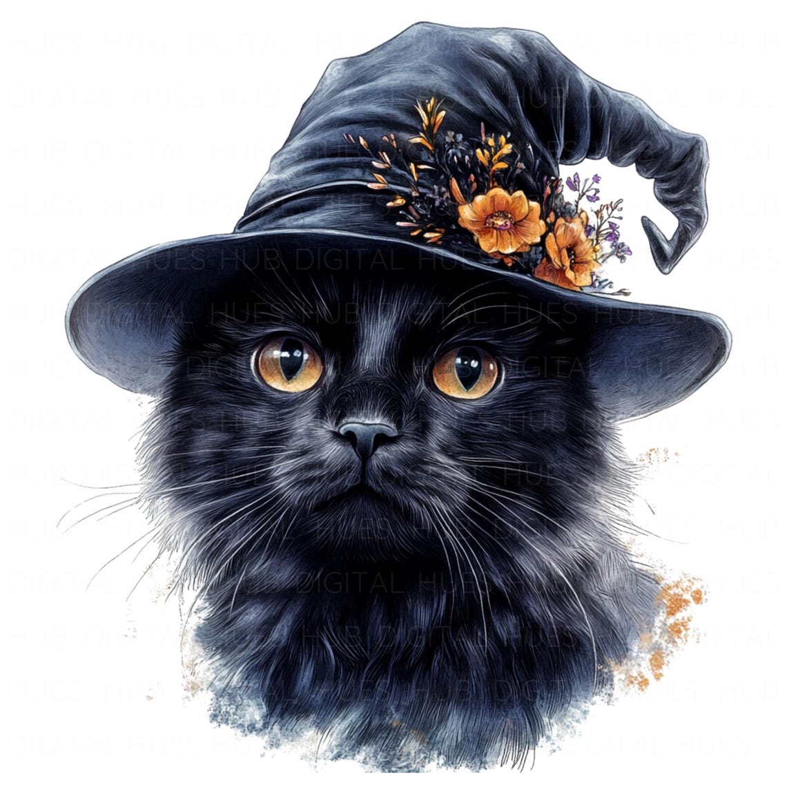 12 Halloween Cat Clipart Watercolor Black Cat With Witch Hat Clipart ...