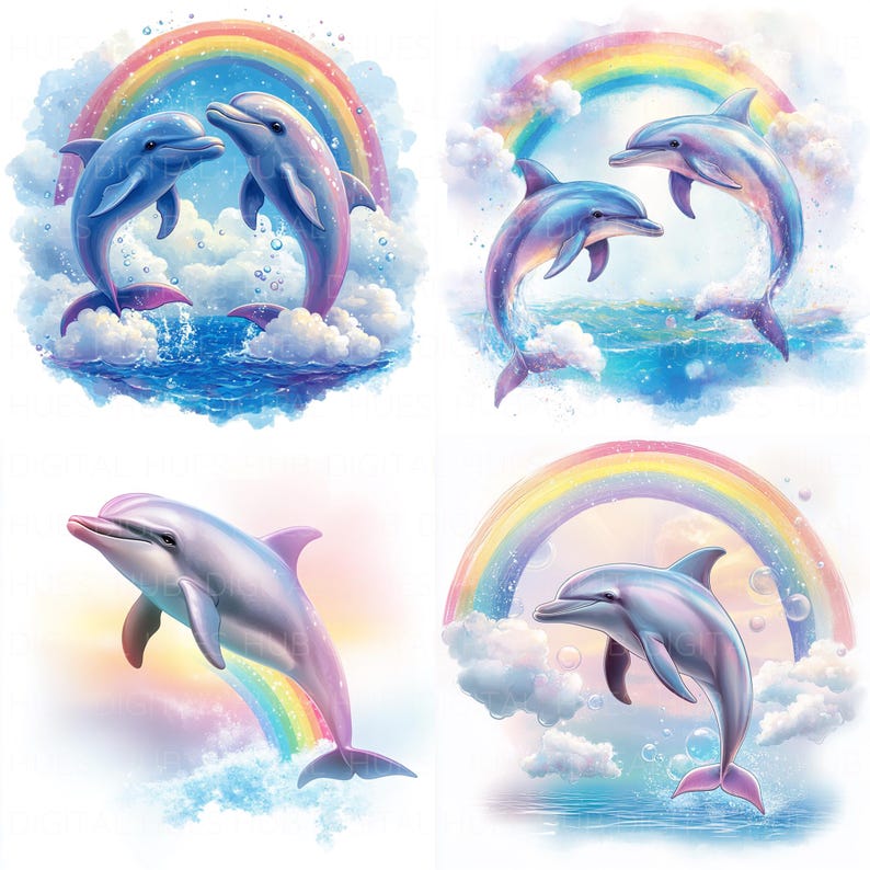15 Dolphin and Rainbow Clipart Watercolor Dolphin Poster Kids Nursery ...