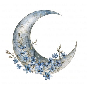 12 Floral Blue Moon Clipart Watercolor Forget Me Not Nursery Bedroom ...