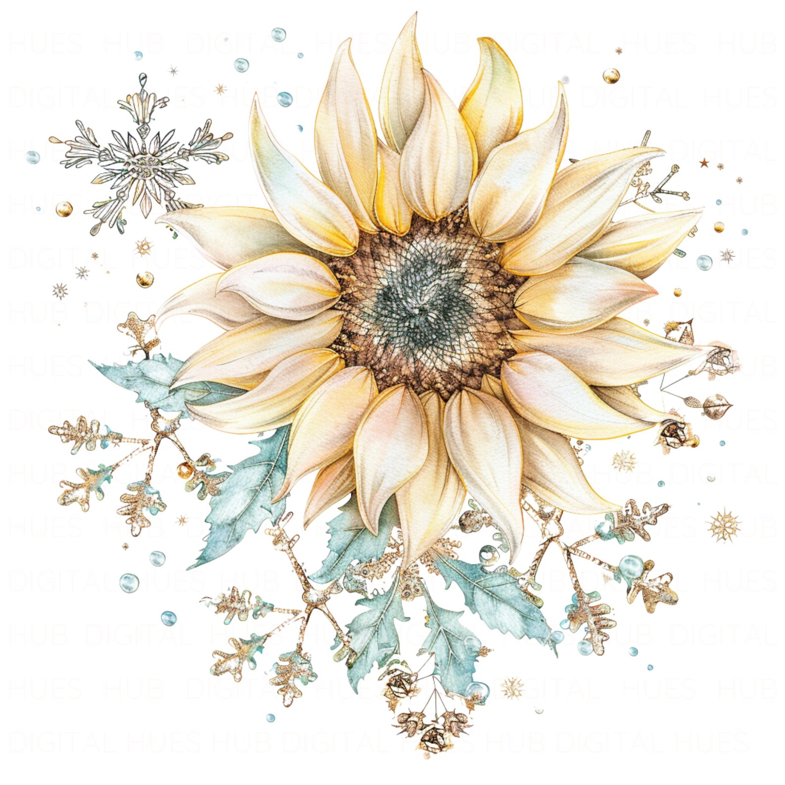 10 Winter Sunflower Clipart Bundle Watercolor Sunflower in Snow Clipart ...