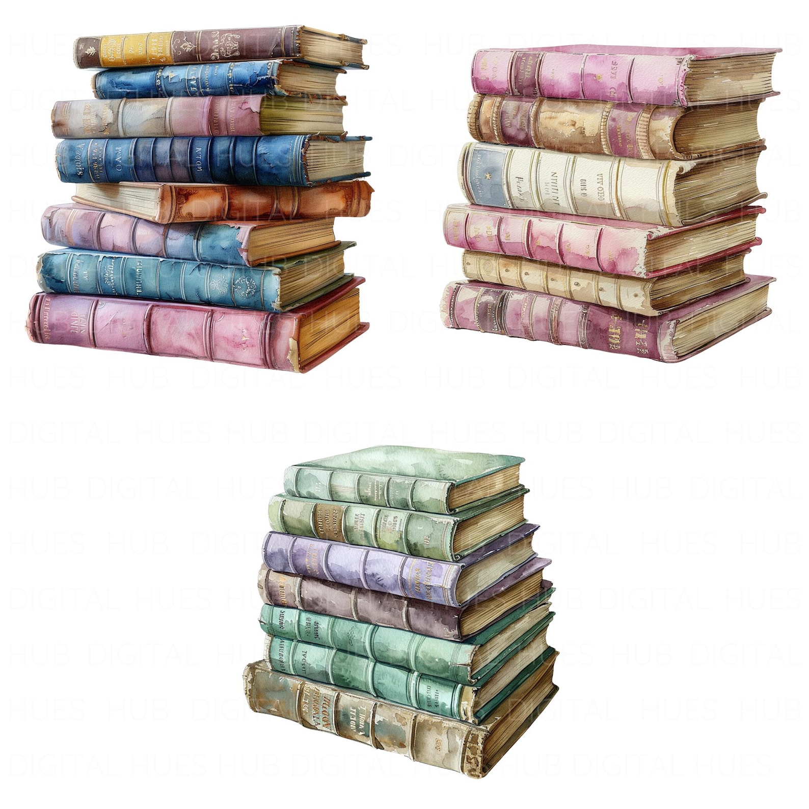 13 Book Stack Clipart Watercolor Old Rustic Book Pile Fantasy Clipart ...
