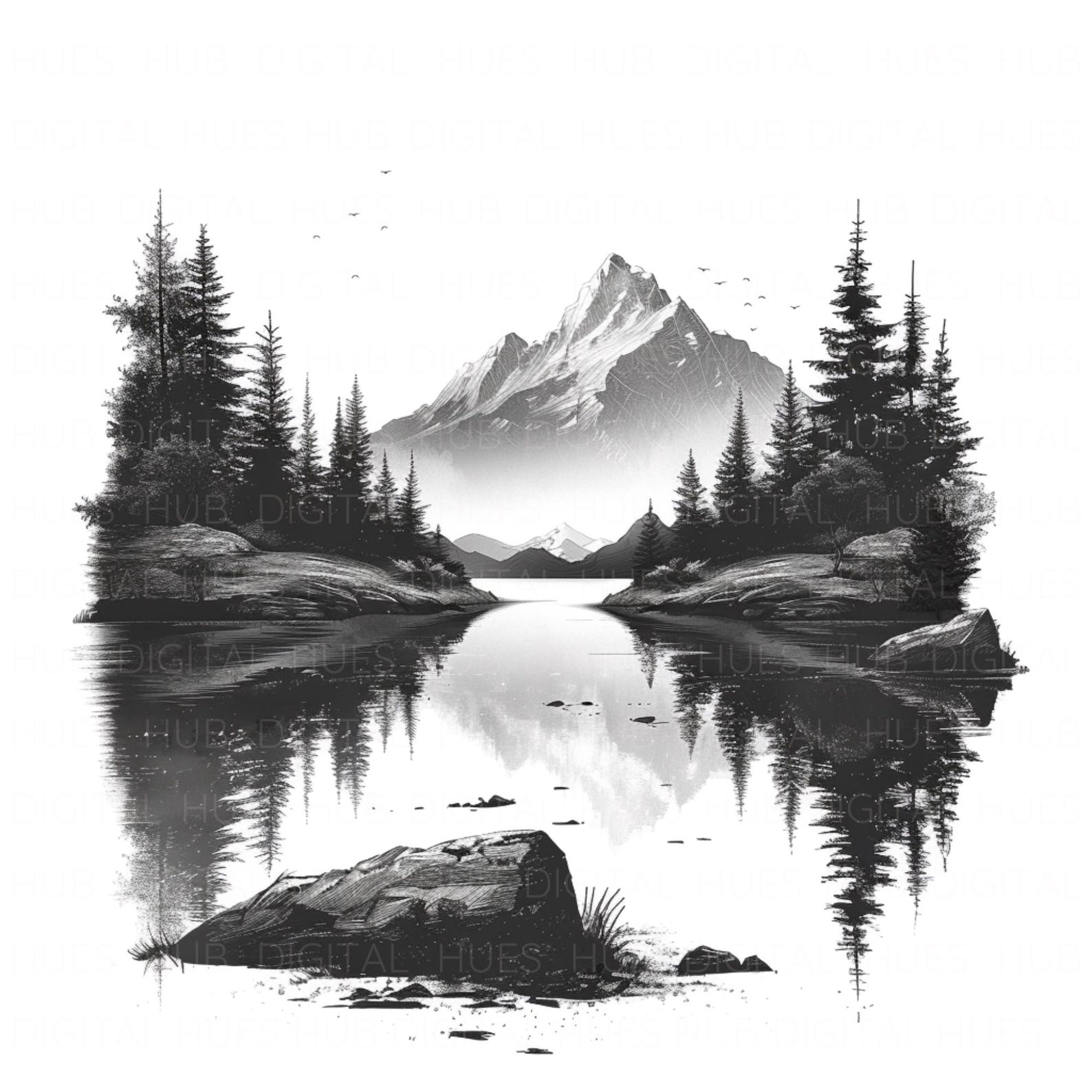 15 Black White Landscape Clipart Bundle Lake Mountain Sketch Clipart ...