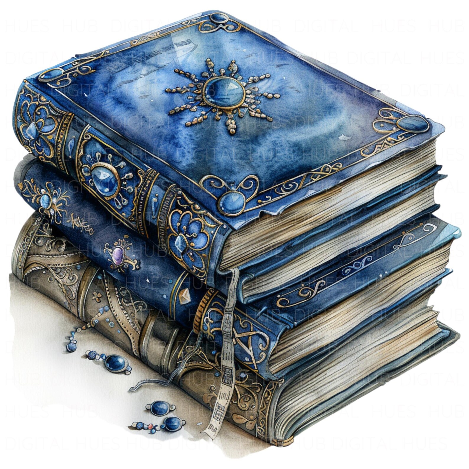 10 Blue Magic Book Clipart Watercolor Old Book Pile Fantasy Clipart ...