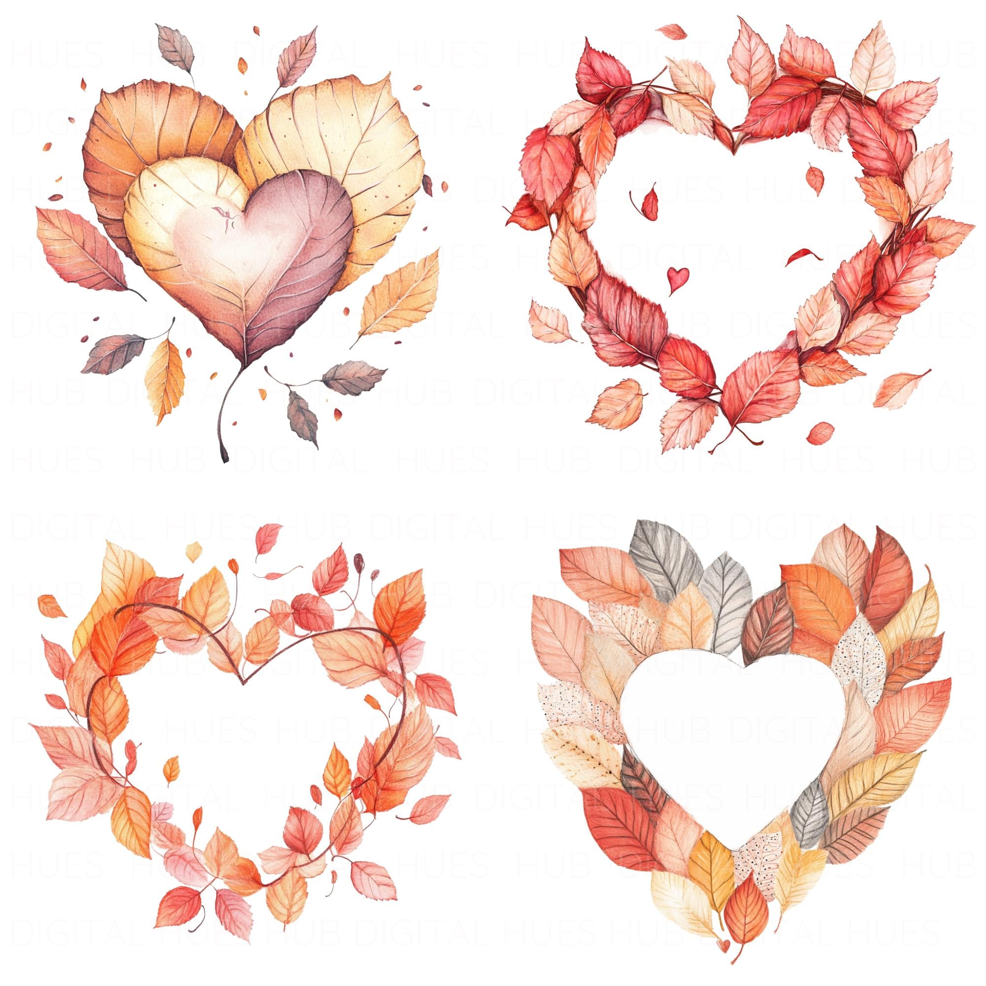 12 Autumn Leaves Heart Clipart Watercolor Fall Leaves Printable High ...