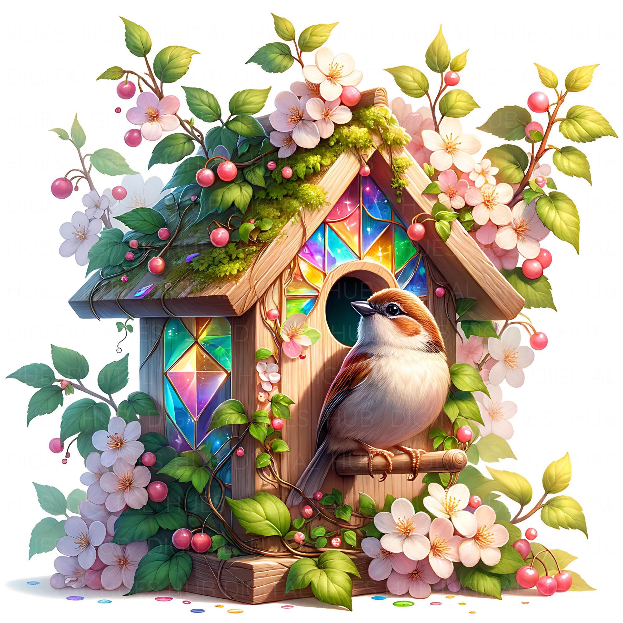 13 Whimsical Floral Bird House Clipart Watercolor Fantasy Garden Decor ...
