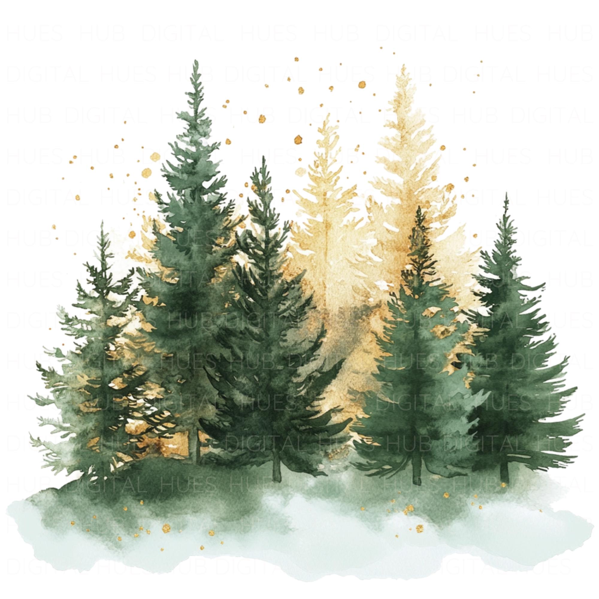 11 Pine Tree Clipart: Watercolor Green & Gold Christmas Tree JPEG ...
