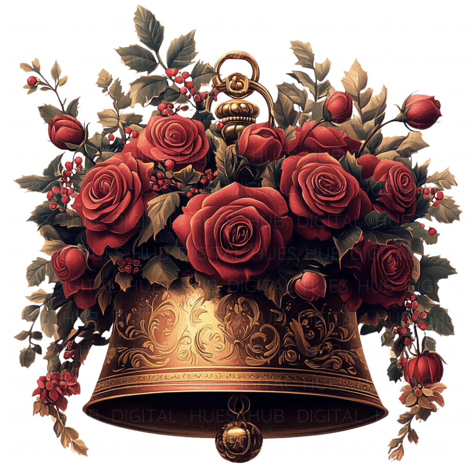 12 Floral Christmas Bell Roses Clipart Watercolor Holiday Graphics ...