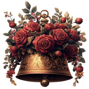 12 Floral Christmas Bell Roses Clipart Watercolor Holiday Graphics ...
