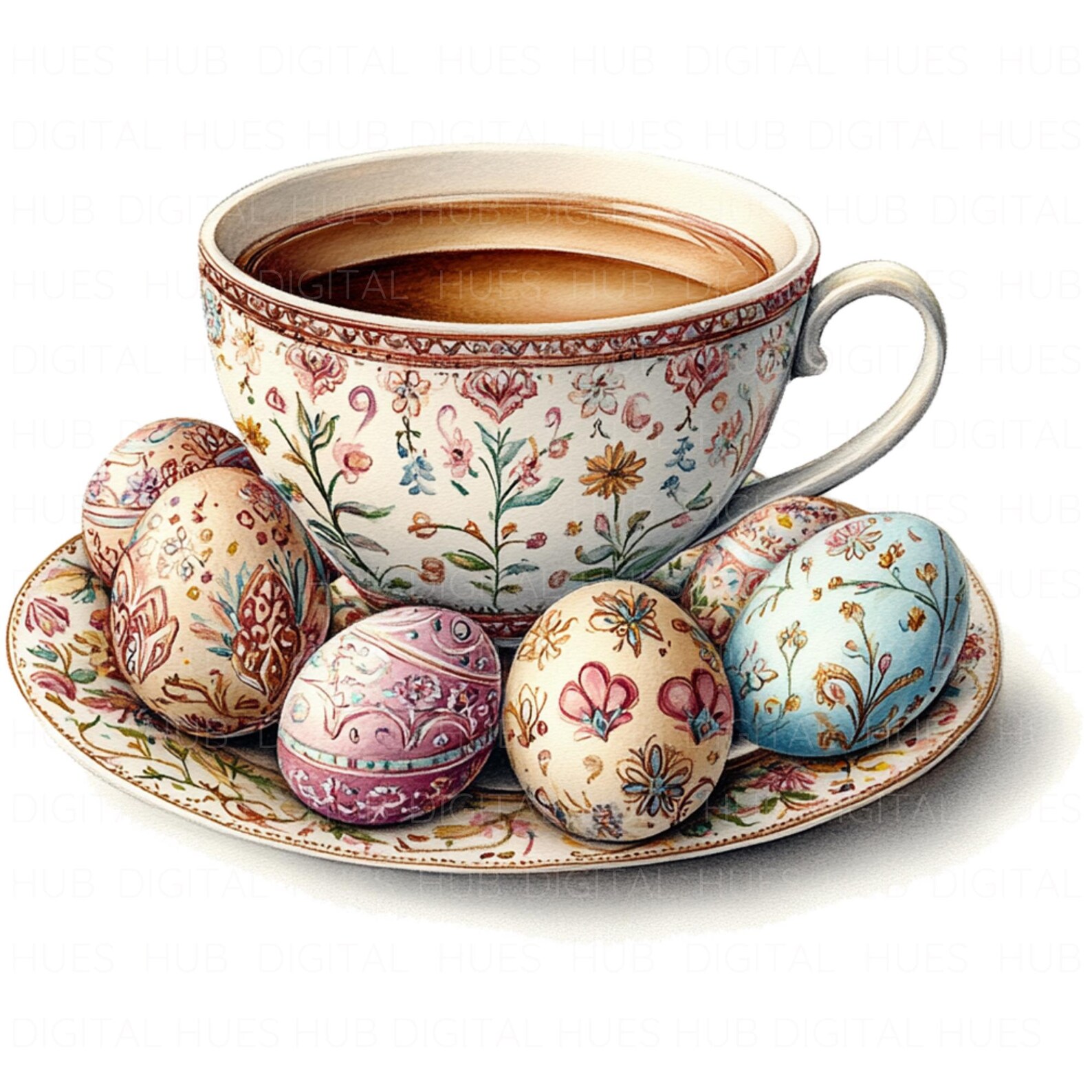 11 Festive Easter Teacup Clipart Watercolor Easter Eggs Cup Printable ...